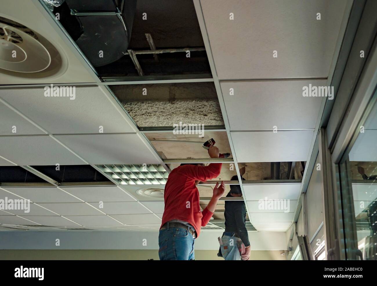 Builder putting or repairing up a suspended ceiling Stock Photo - Alamy
