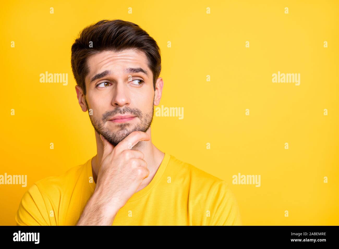 Close-up portrait of his he nice attractive lovely doubtful brown ...