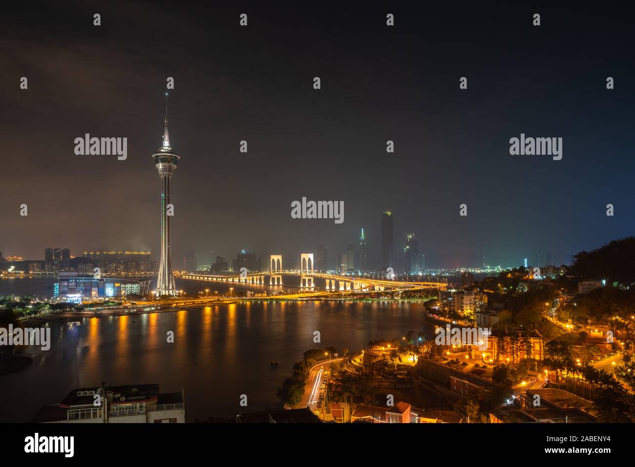 Night view of the Macau Tower and skyline of Macau, in Macau Special ...