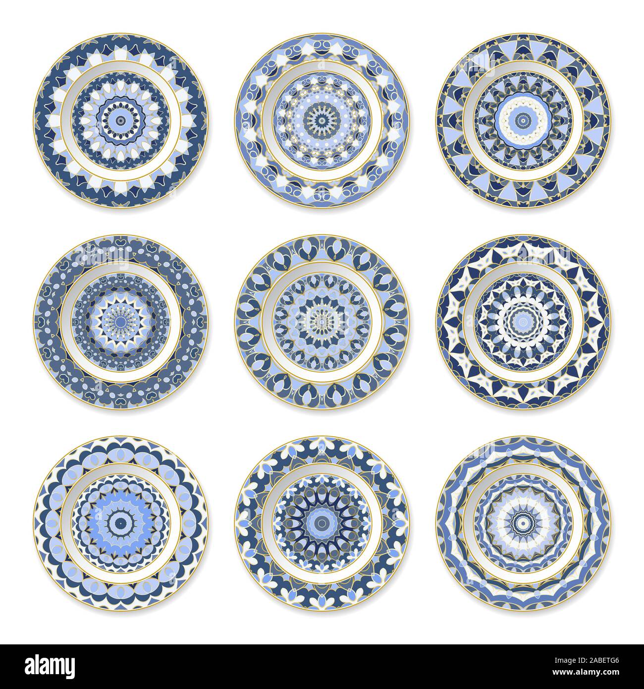 Set of nine decorative plates with a circular colored pattern, top view ...