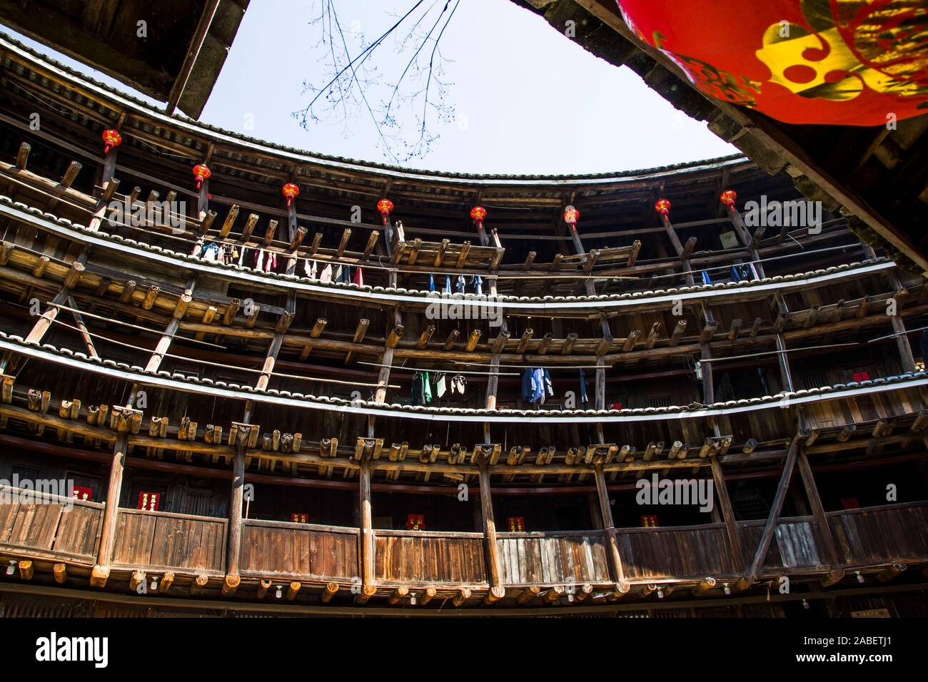 The inside view of inclined pillars and rooms of Yuchang building in ...