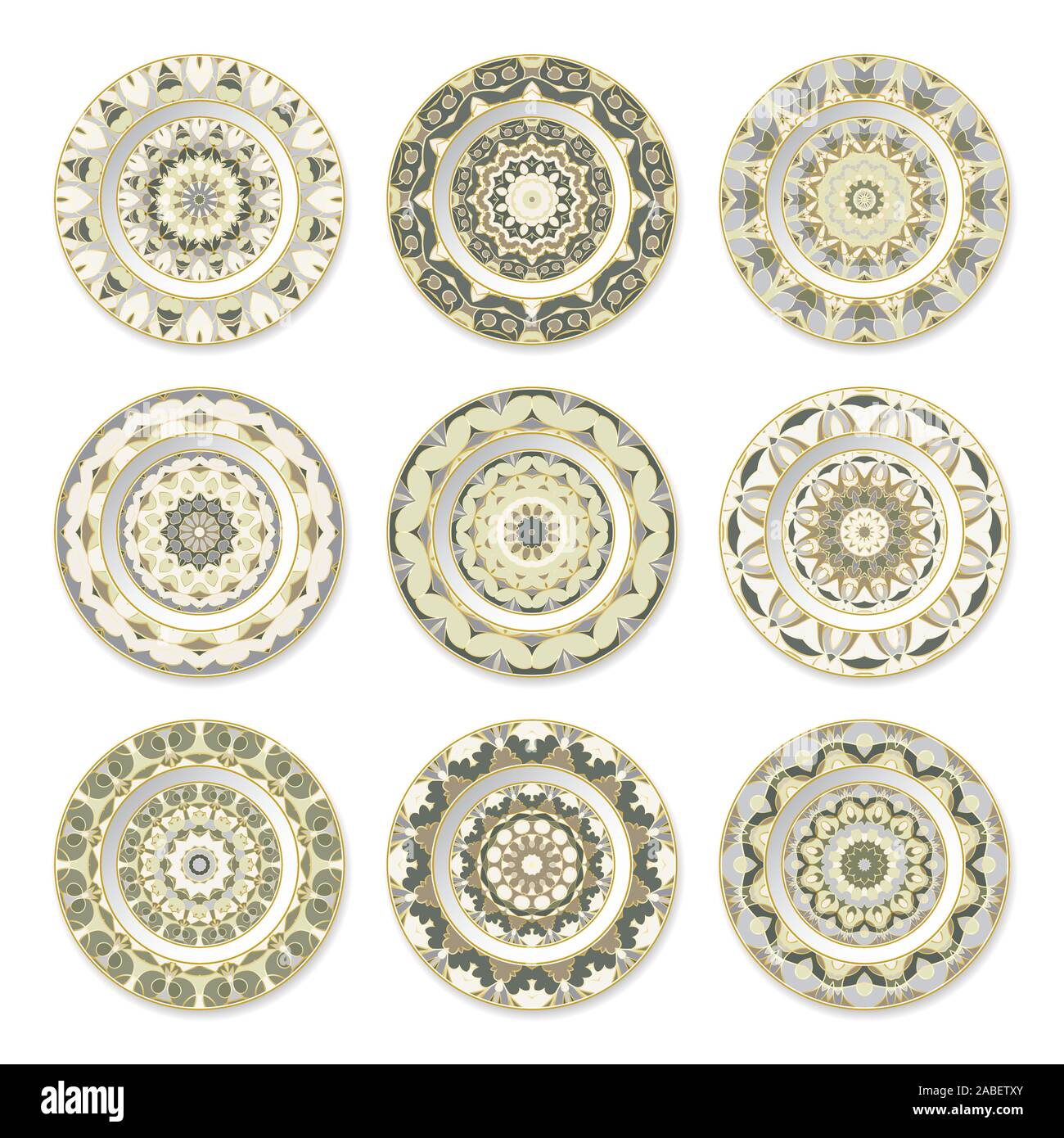 Set of nine green decorative plates with a circular pattern, top view ...