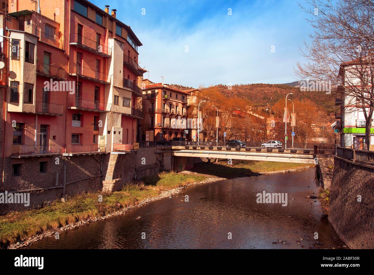 RIPOLL, SPAIN - DECEMBER 28, 2017: A view of the Ter River as it passes ...