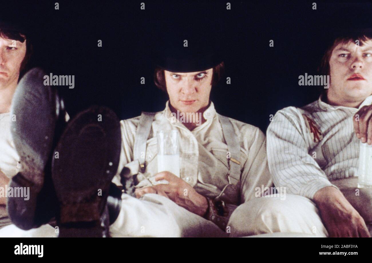 A CLOCKWORK ORANGE, from left, Warren Clarke, Malcolm McDowell, James Marcus, 1971 Stock Photo ...