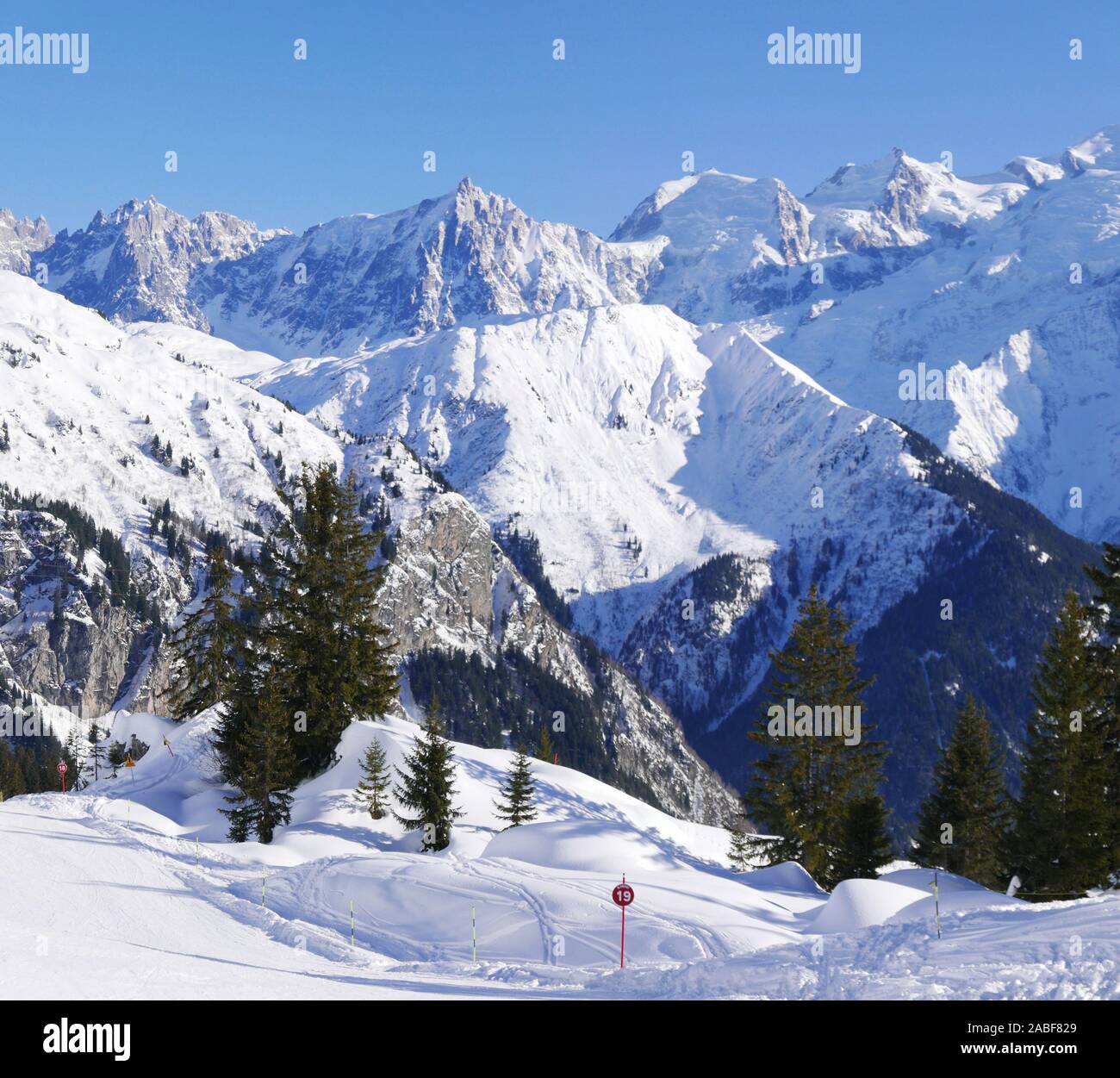 holiday at the foot of Mont Blanc in winter in the Chamonix Valley ...
