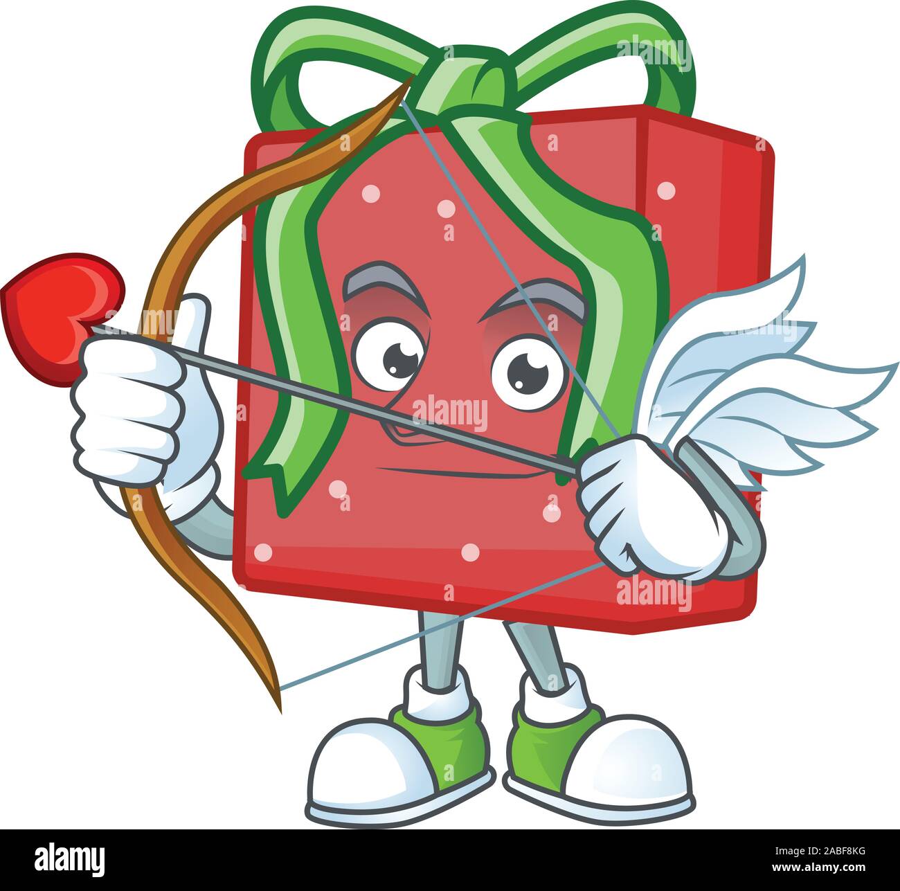 Cute red gift box Cupid cartoon character with arrow and wings Stock ...