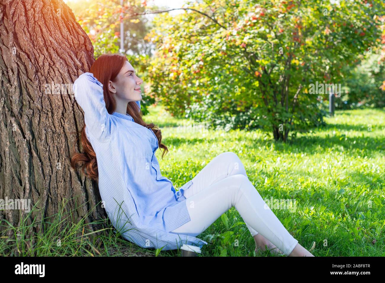 Young woman sitting under tree in summer park Stock Photo - Alamy