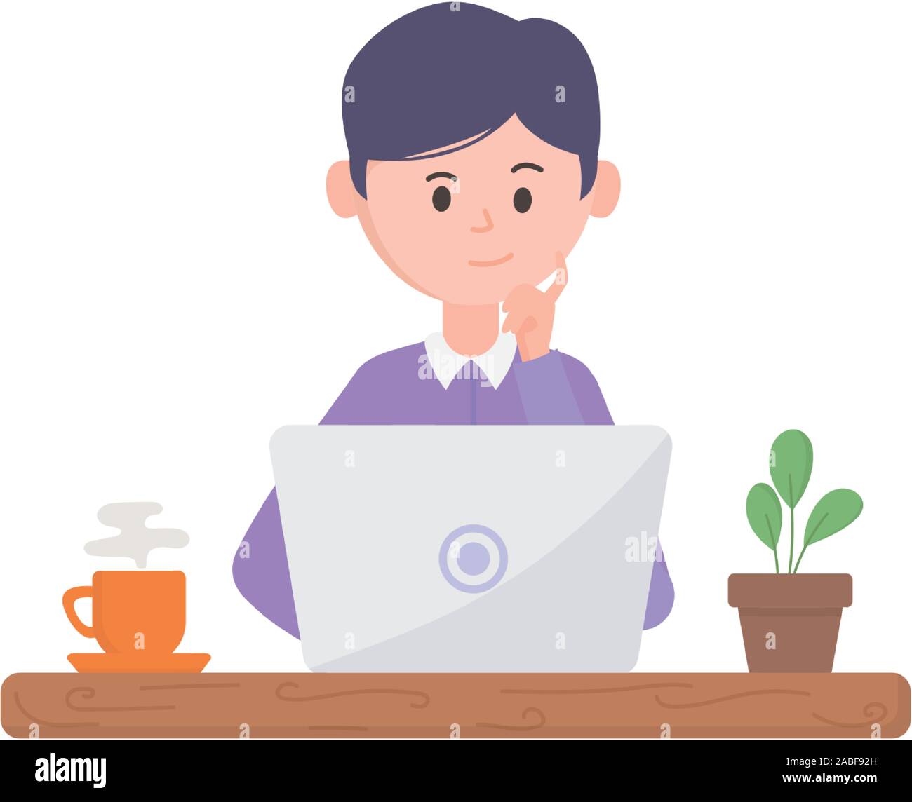 young man using laptop with coffee and plant vector illustration Stock ...