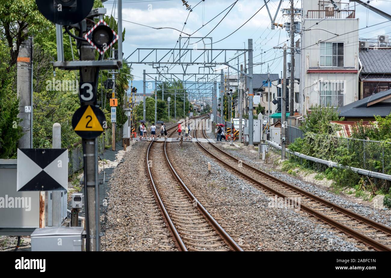 Japanese railway line. People are crossing the line in the distance ...