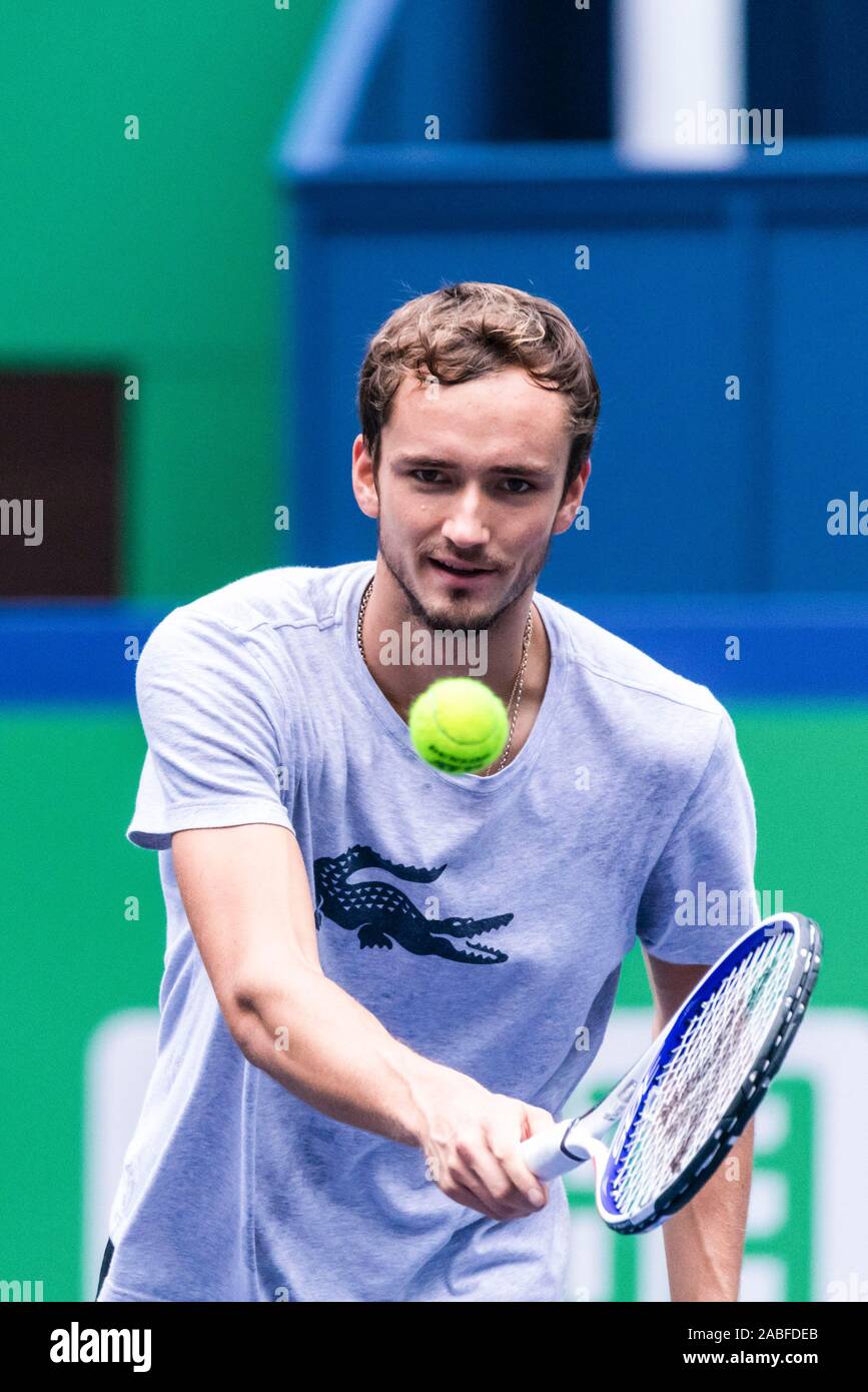 Russian professional tennis player Daniil Medvedev practices before the ...