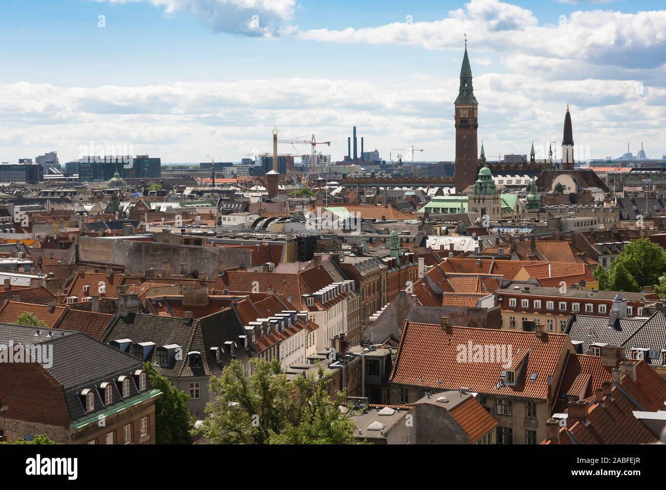 Copenhagen cityscape, view south-west across the rooftops of the old ...