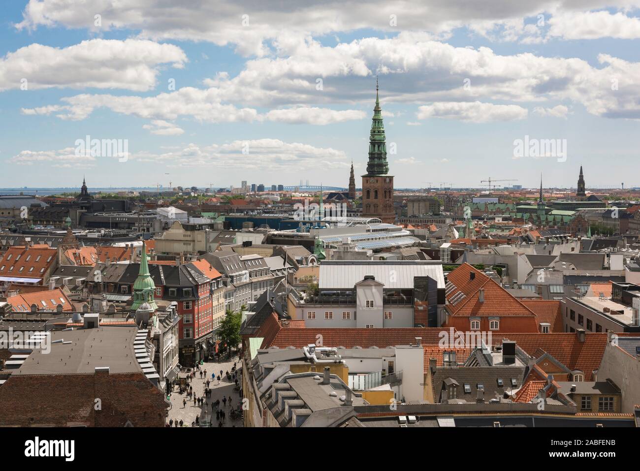 Copenhagen cityscape, view south across the rooftops of the old town ...