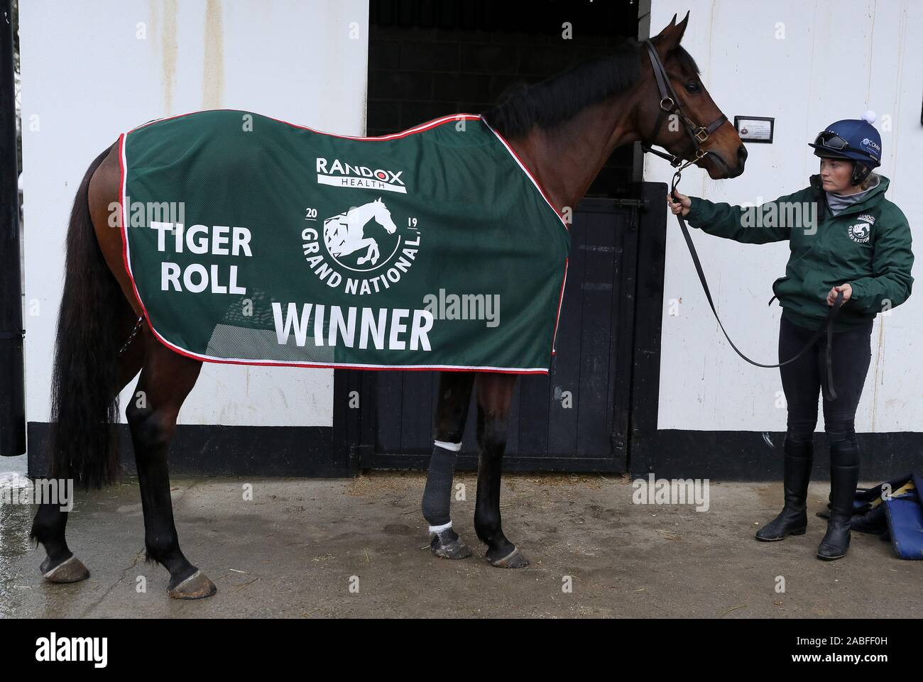 Two time Grand National winner Tiger Roll with groom Louise Magee ...