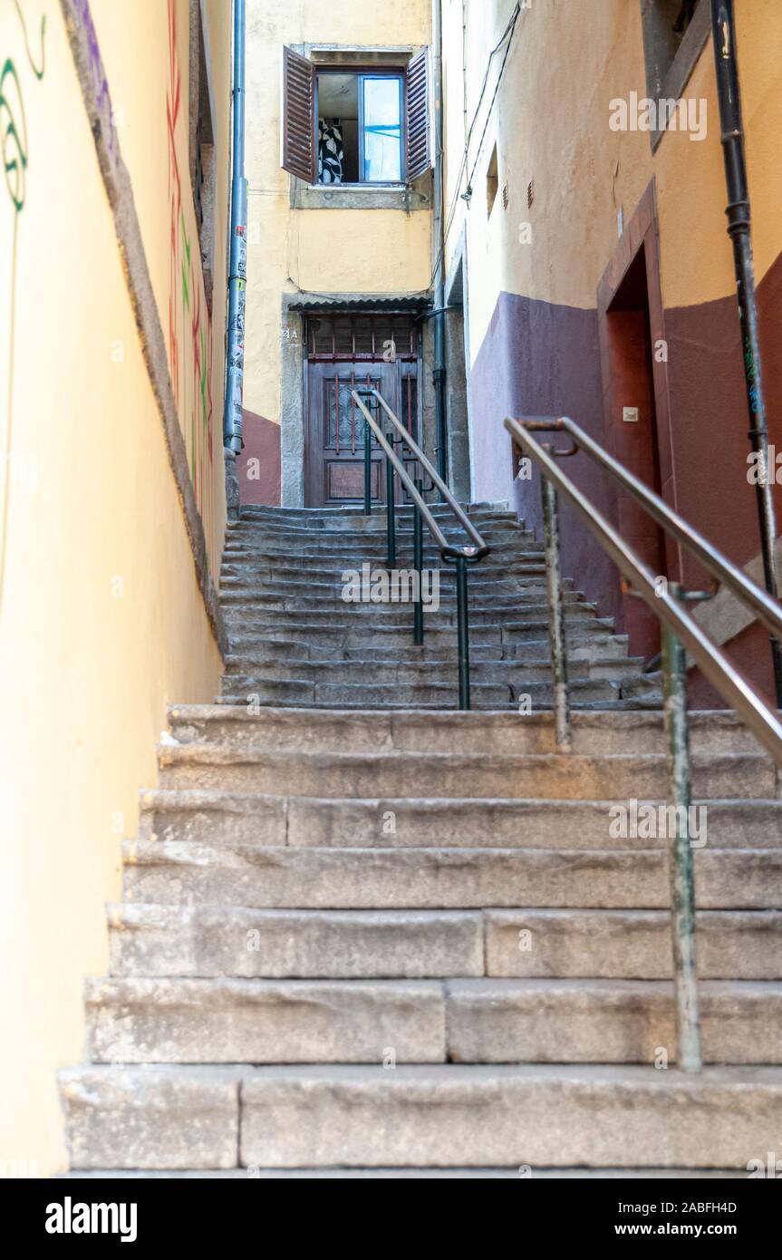 Urban scene steep steps at Escadas da Vitoria in the Old Town of Porto ...