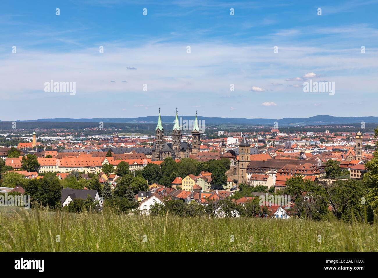 Aerial view of of the historical old town of Bamberg from the Altenburg ...