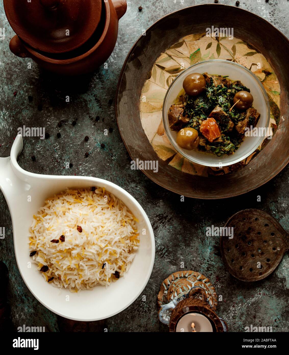 traditional azerbaijani pilaf rice served with roasted beef and dried ...