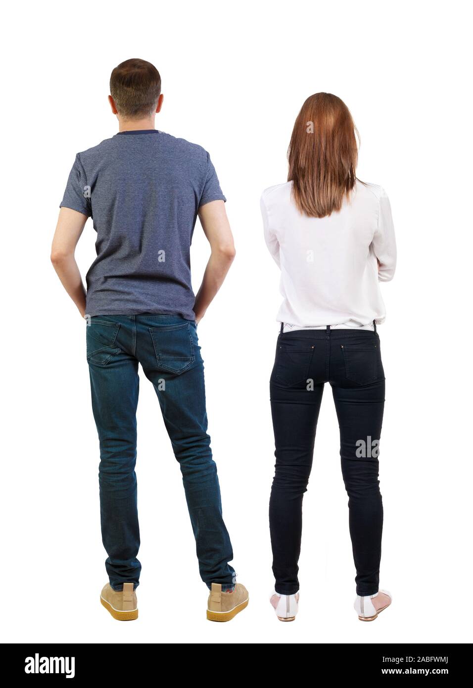Back view of couple. beautiful friendly girl and guy together. Rear ...