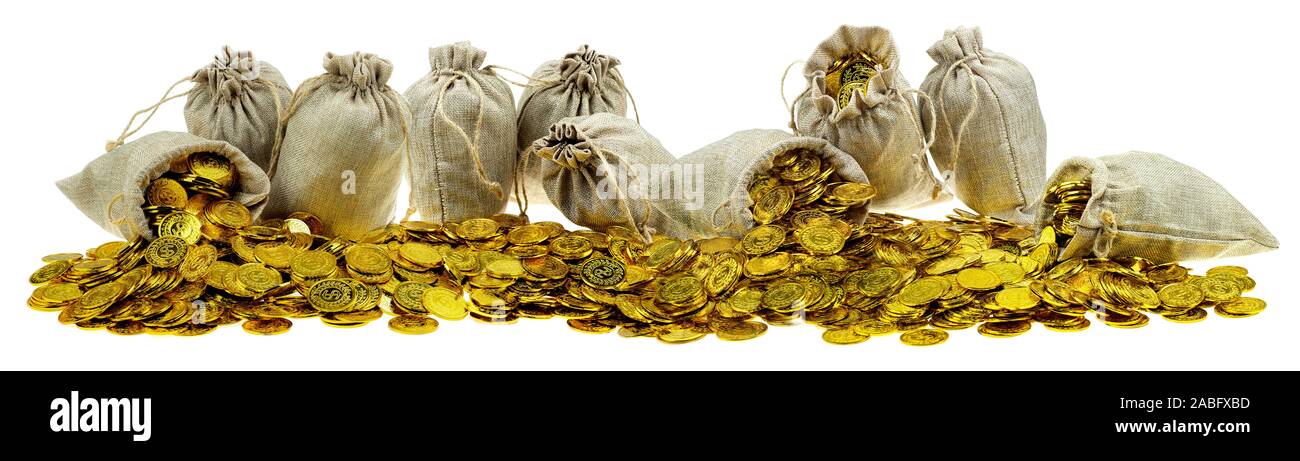Stacking gold coin in treasure sack on white background Stock Photo - Alamy