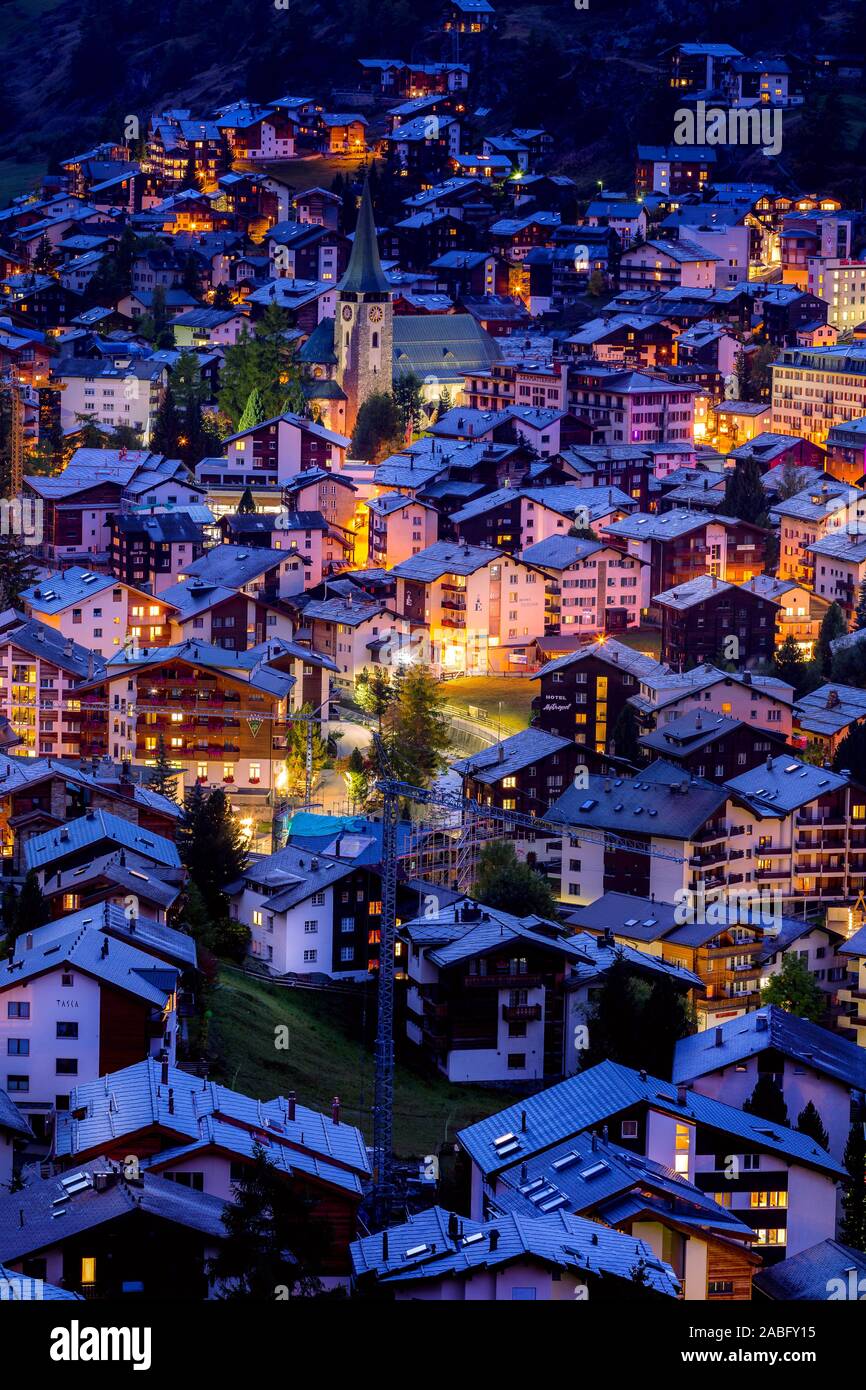 Zermatt, Switzerland - October 7, 2019: Town night aerial view with ...