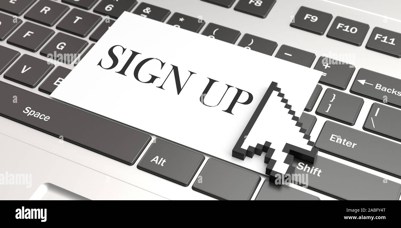 Sign up text on a white paper card, mouse cursor pointer, laptop ...