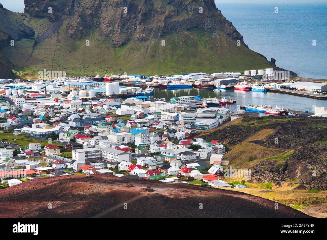 Heimaey Town Aerial View from Eldfell Volcano, Iceland, Westman Islands ...