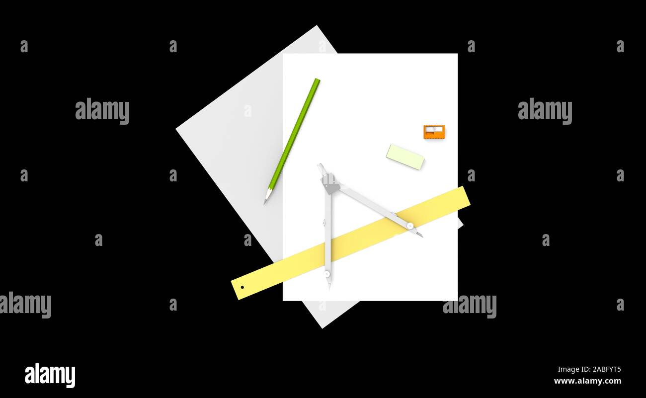 Paper and Draw tools 3D Rendering Stock Photo - Alamy