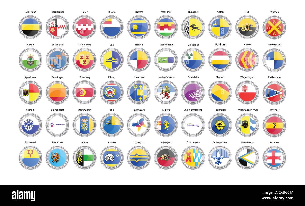 Set of vector icons. Municipalities of Netherlands flags (Gelderland ...