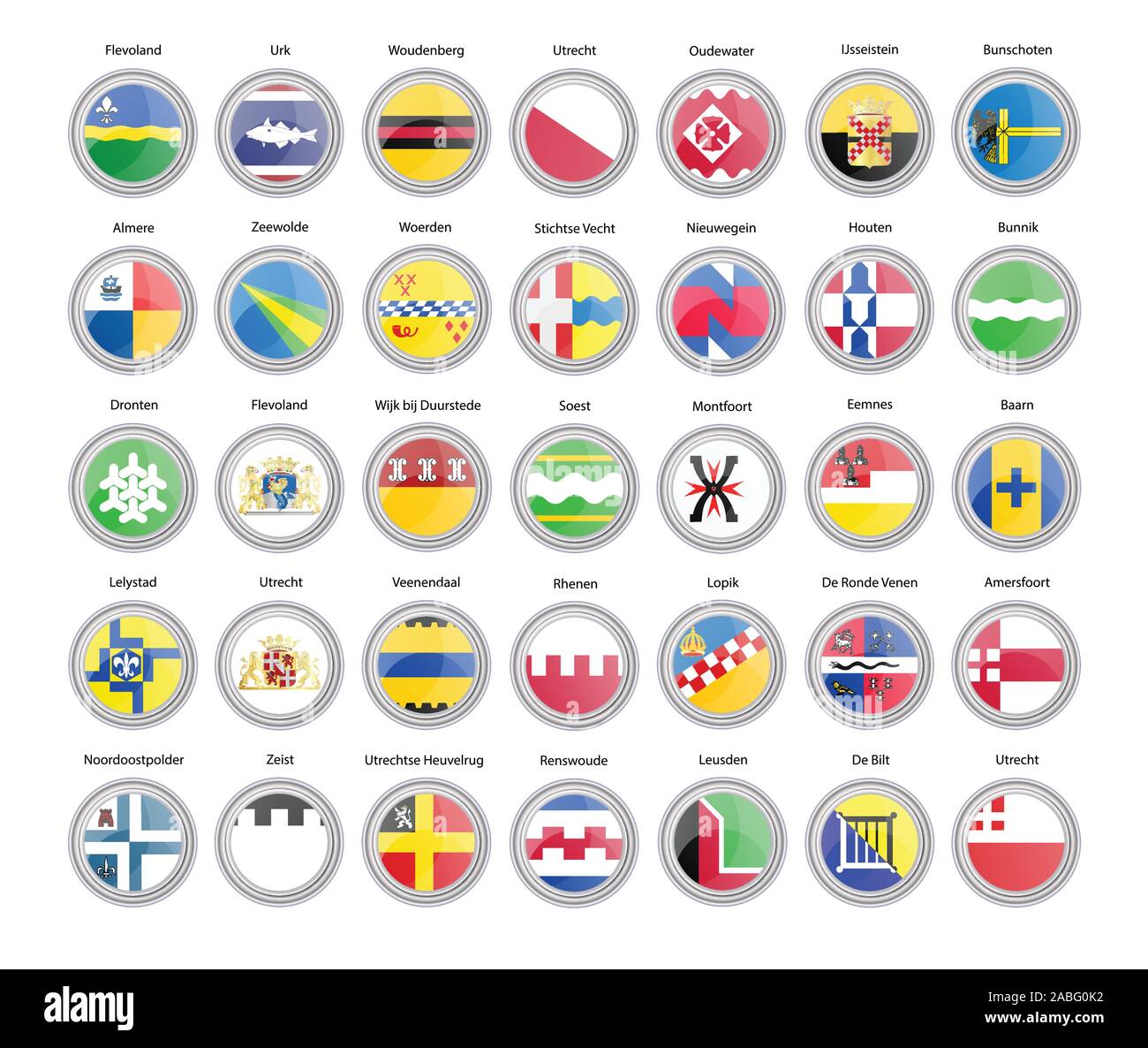 Set of vector icons. Municipalities of Netherlands flags (Flevoland and ...
