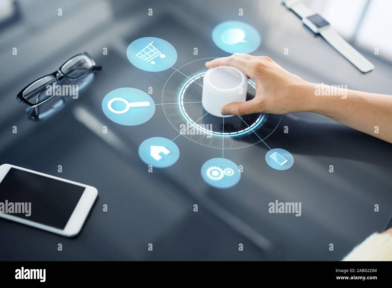 hand with app icons on interactive panel Stock Photo - Alamy