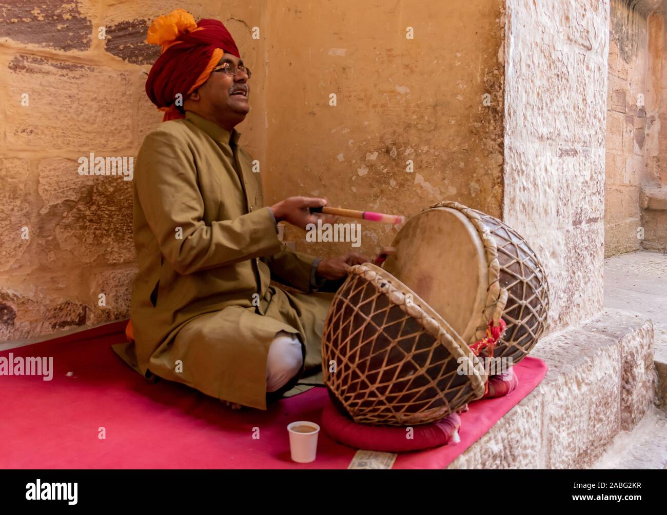 Rajasthan, India; 24-Feb-2019; a folk musician playing nagada Stock ...