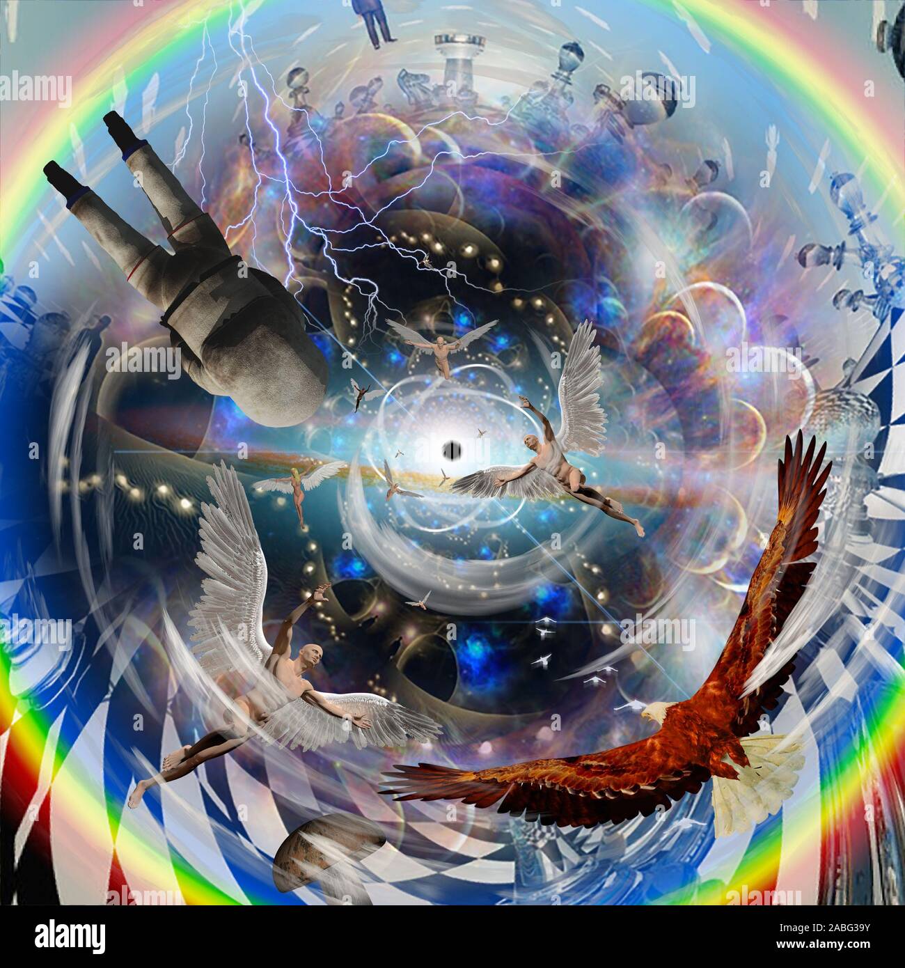 Modern surrealism. Angels, spaceman and eagle Stock Photo - Alamy