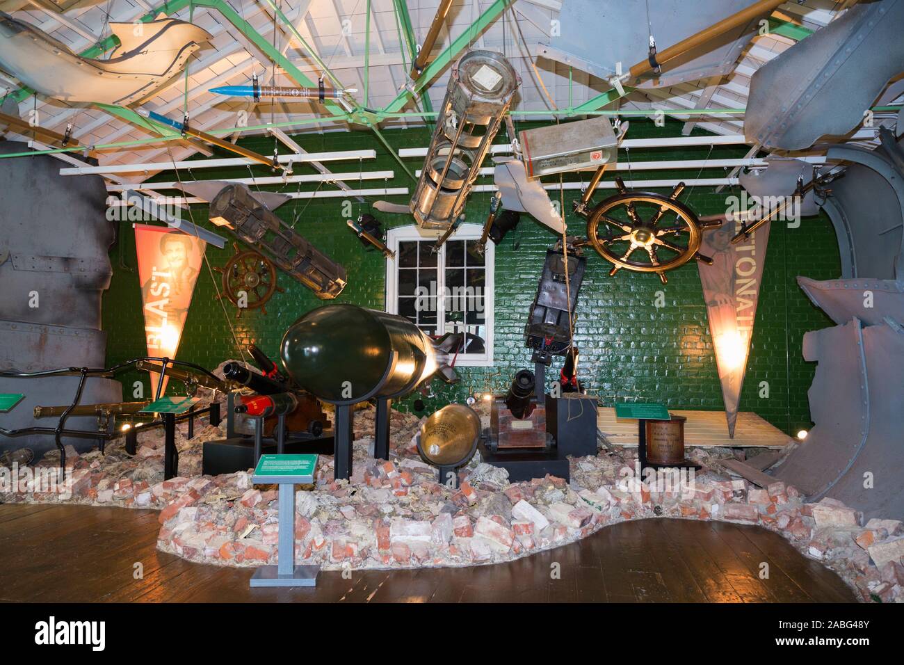 Display of armaments and bombs including the British Red Beard atomic ...