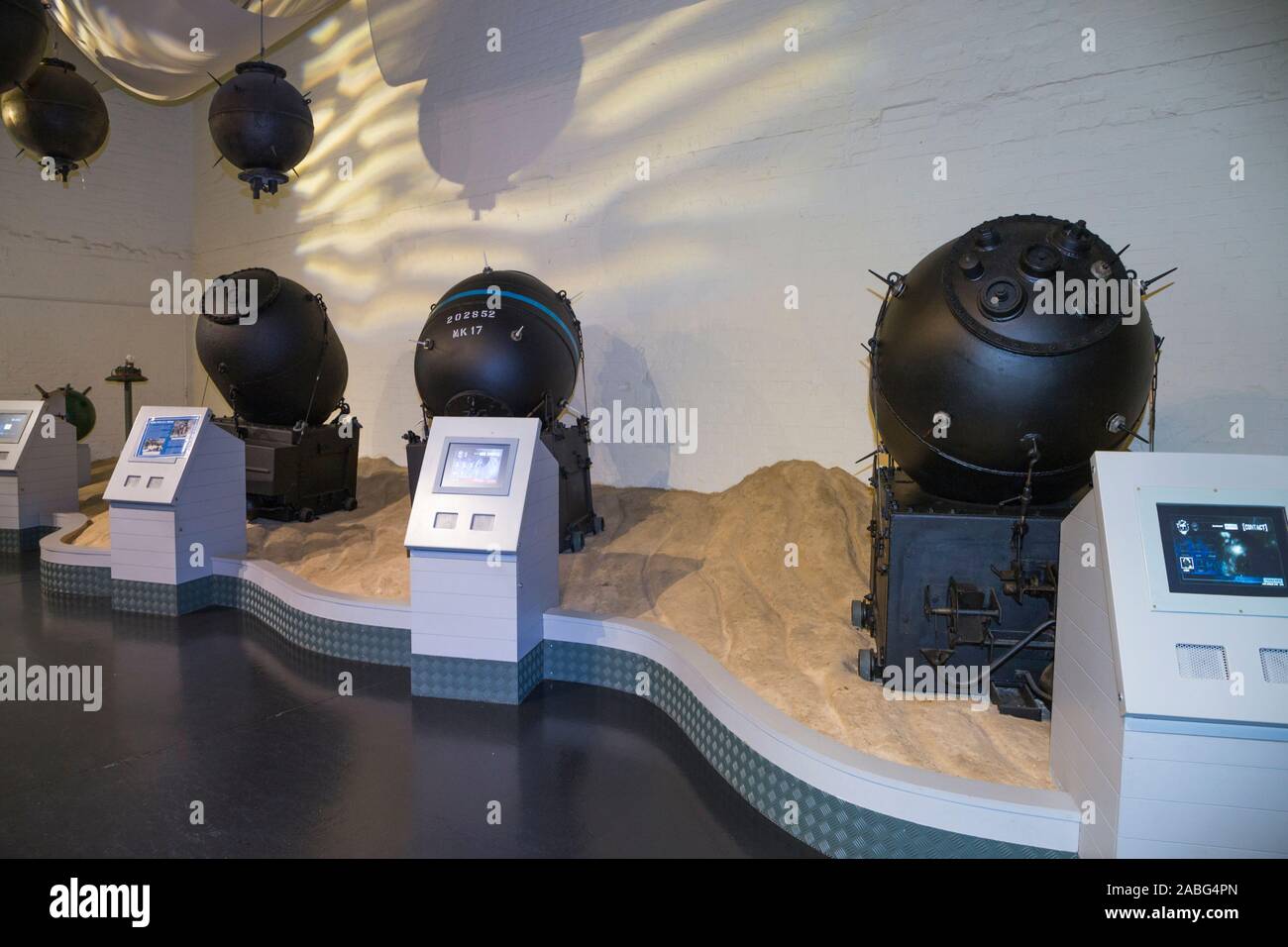 Explosive sea mine / mines on display inside the interior of the ...