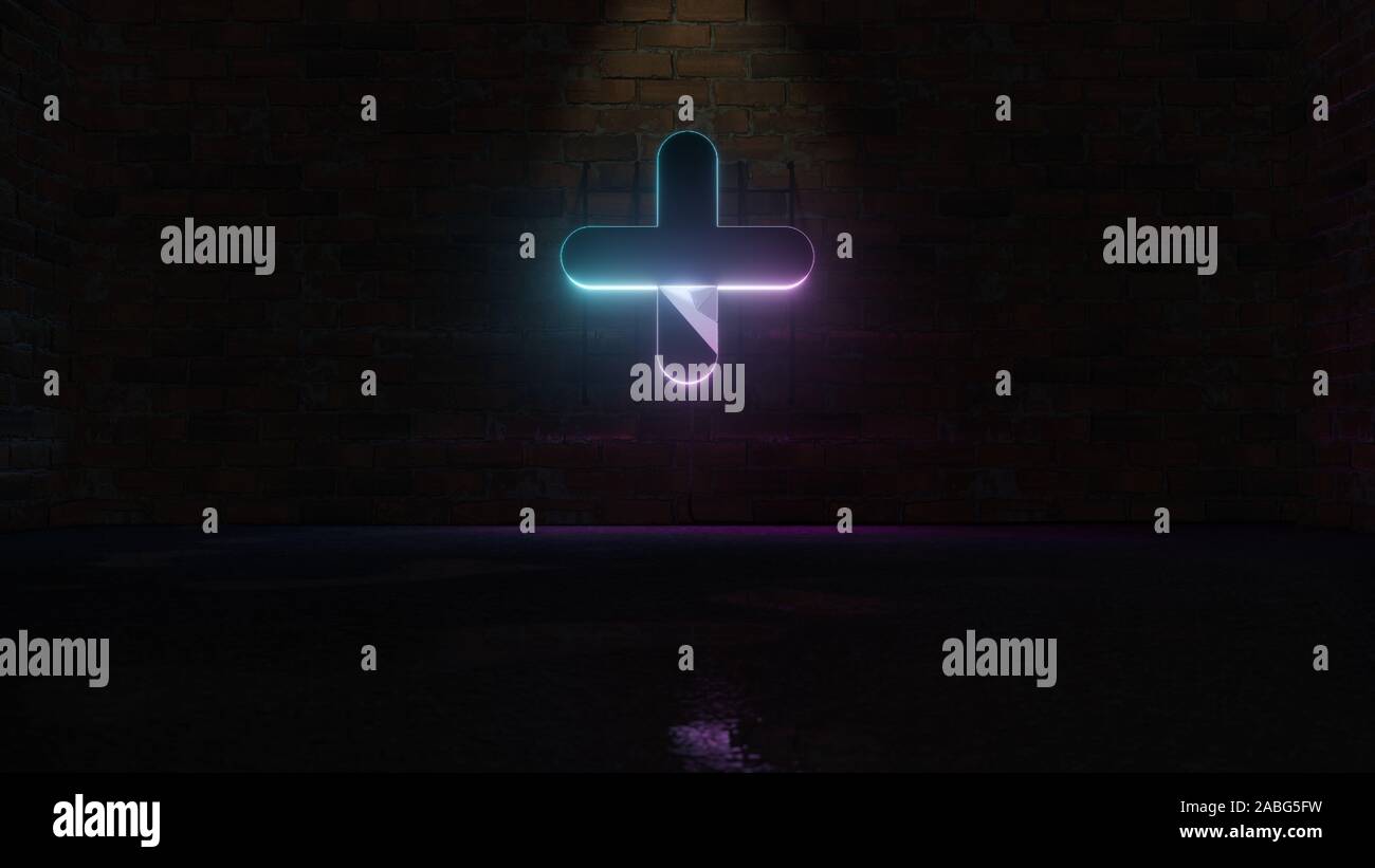3D rendering of blue violet neon symbol of plus with rounded corner on ...