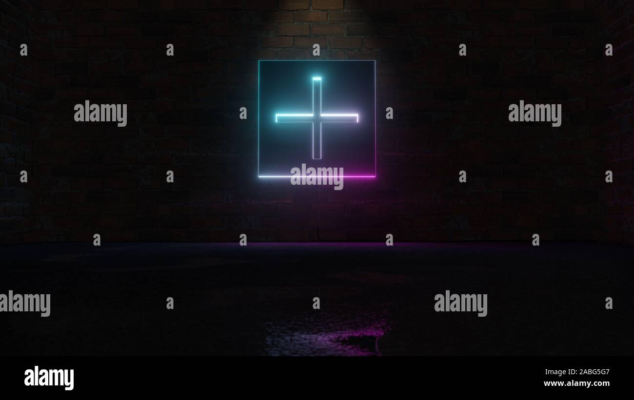 3D rendering of blue violet neon inverted plus symbol in square on dark ...