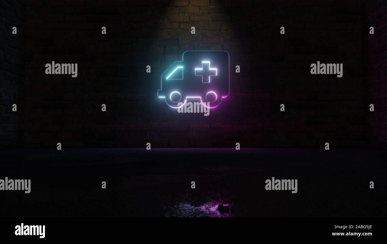 3D rendering of blue violet neon symbol of ambulance on dark brick wall ...