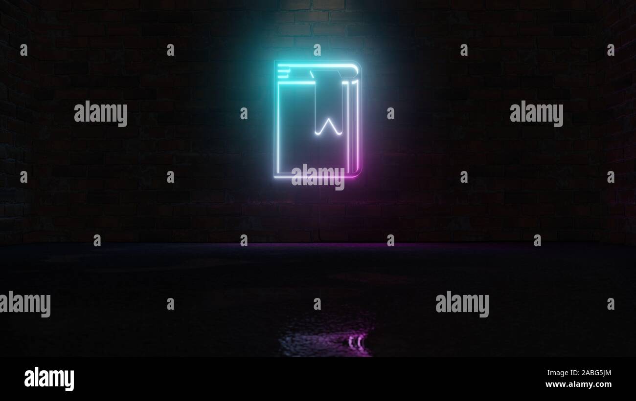 3D rendering of blue violet neon symbol of agenda on dark brick wall ...