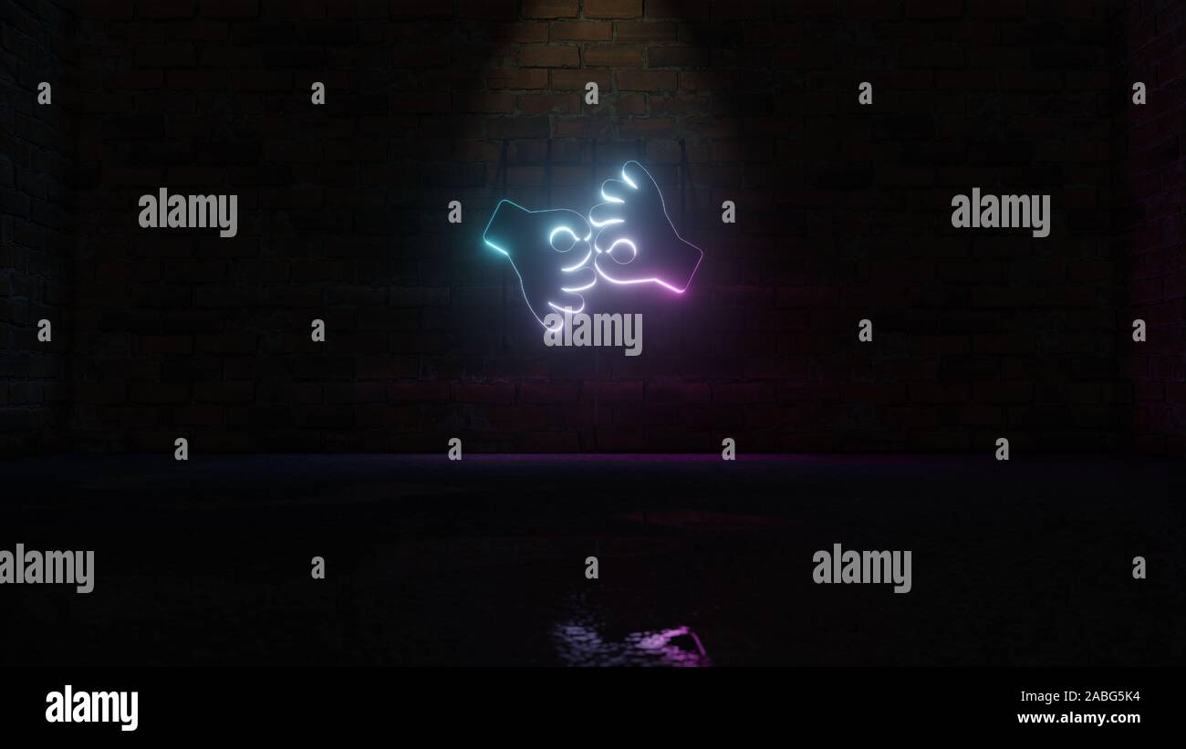 3D rendering of blue violet neon symbol of American sign language ...