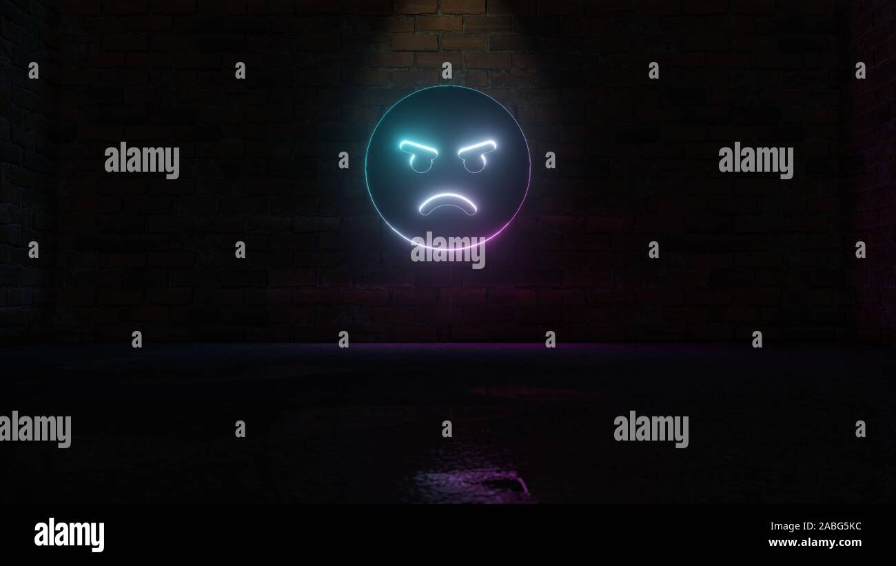 3D rendering of blue violet neon circle angry emoticon on dark brick ...