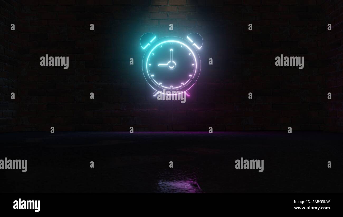 3D rendering of blue violet neon symbol of alarm clock with two bells ...