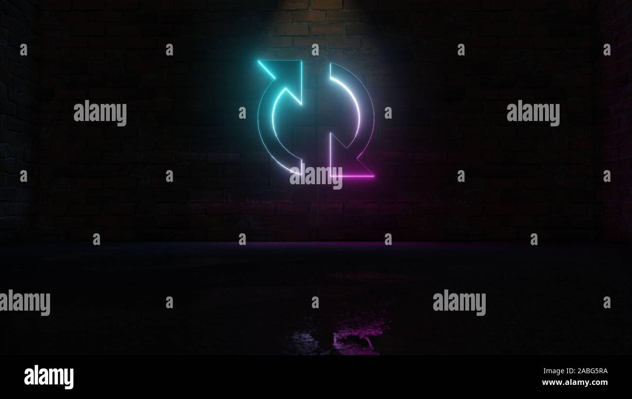3D rendering of blue violet neon clockwise symbol of double refresh ...