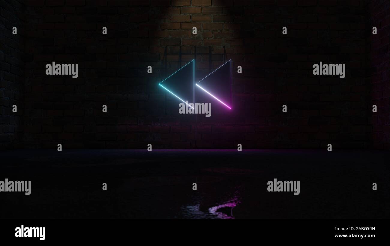 3D rendering of blue violet neon symbol of double fast forward right ...