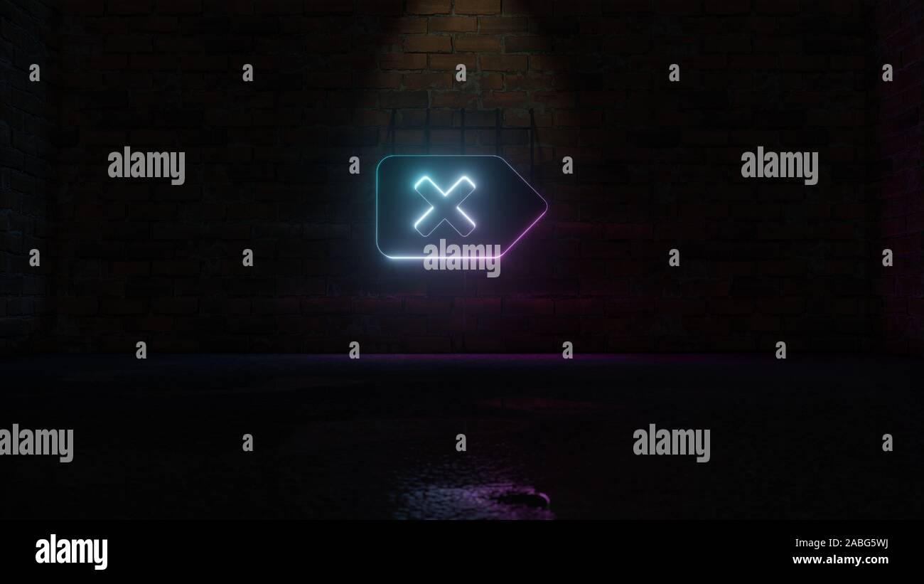 3D rendering of blue violet neon symbol of backspace button with cross ...