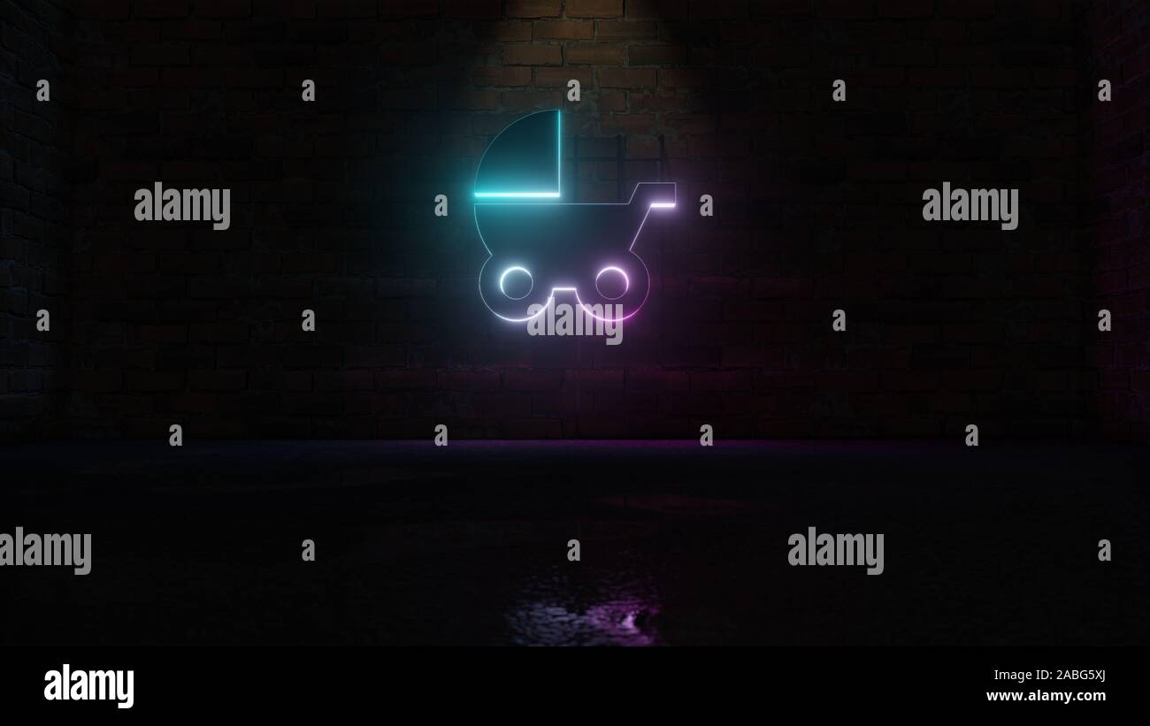 3D rendering of blue violet neon symbol of baby stroller towards right ...