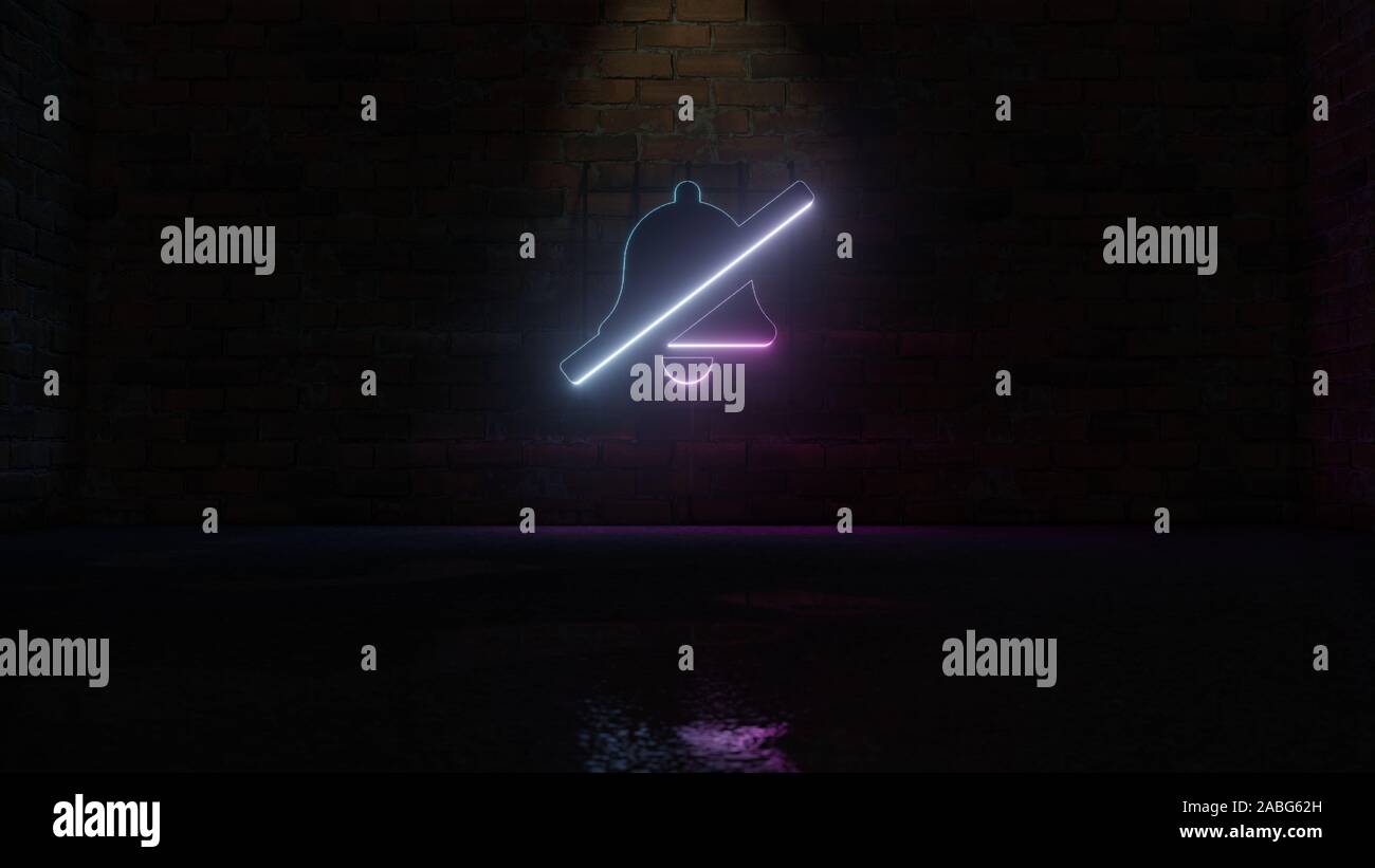3D rendering of blue violet neon symbol of bell slash on dark brick ...