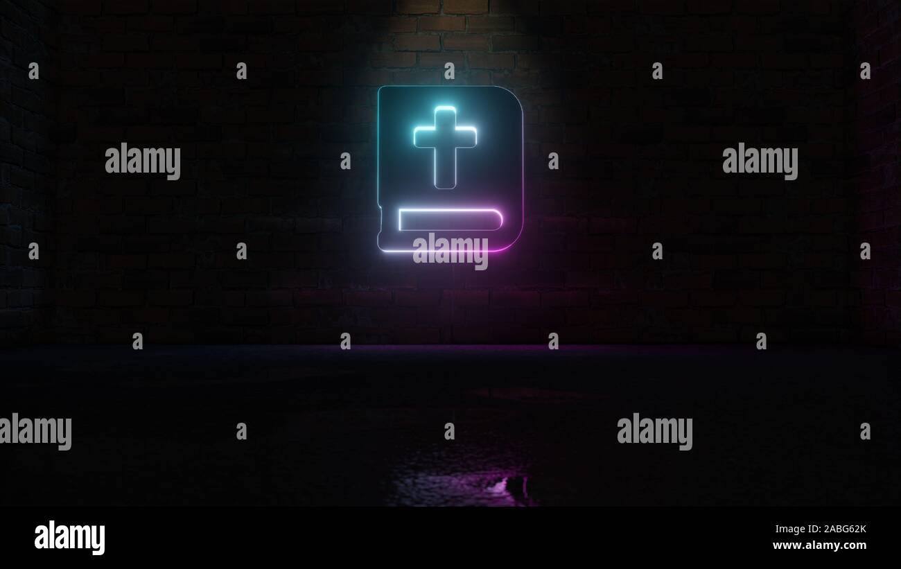 3D rendering of blue violet neon symbol of bible on dark brick wall ...