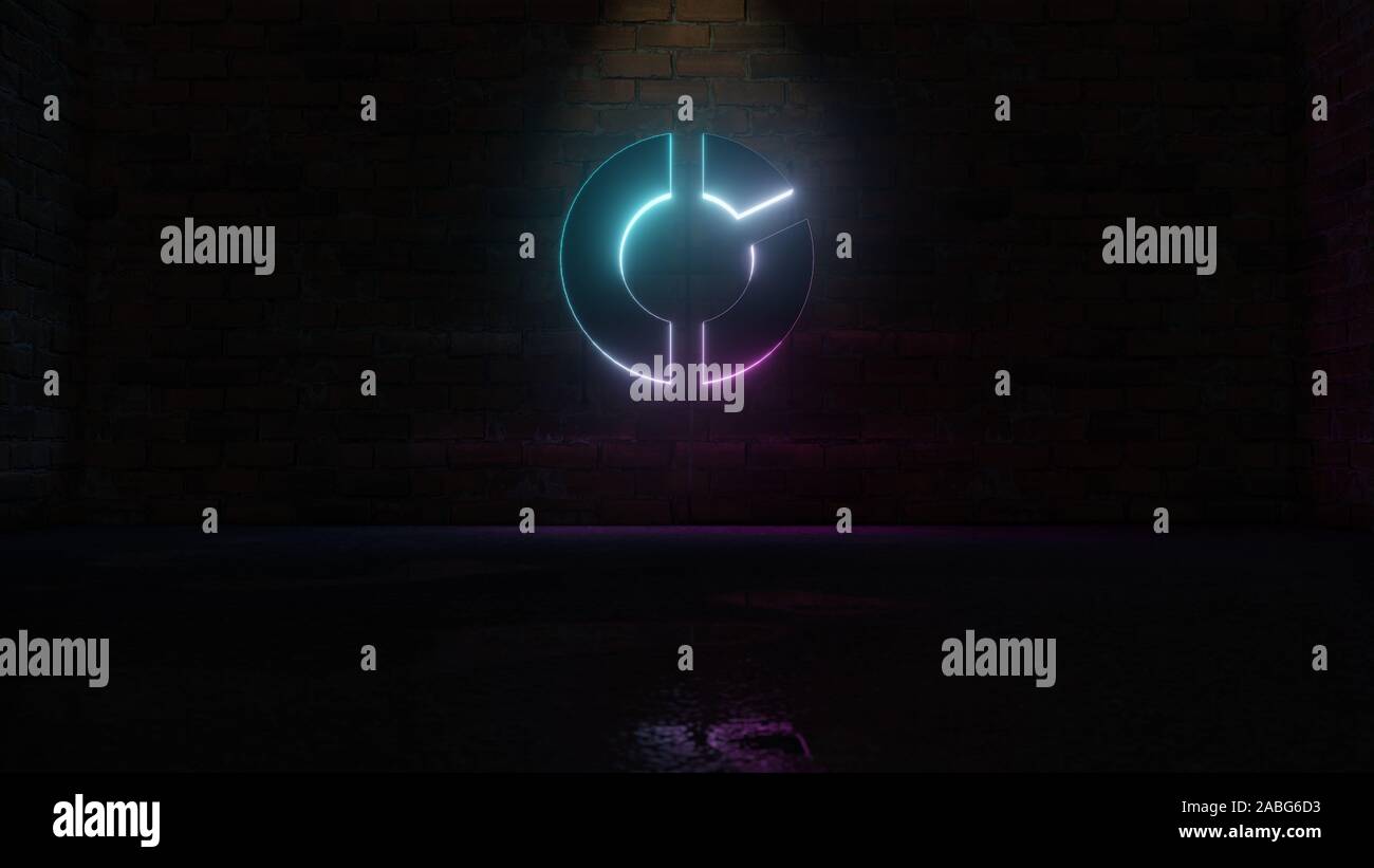 3D rendering of blue violet neon symbol of pie chart with two slices on ...