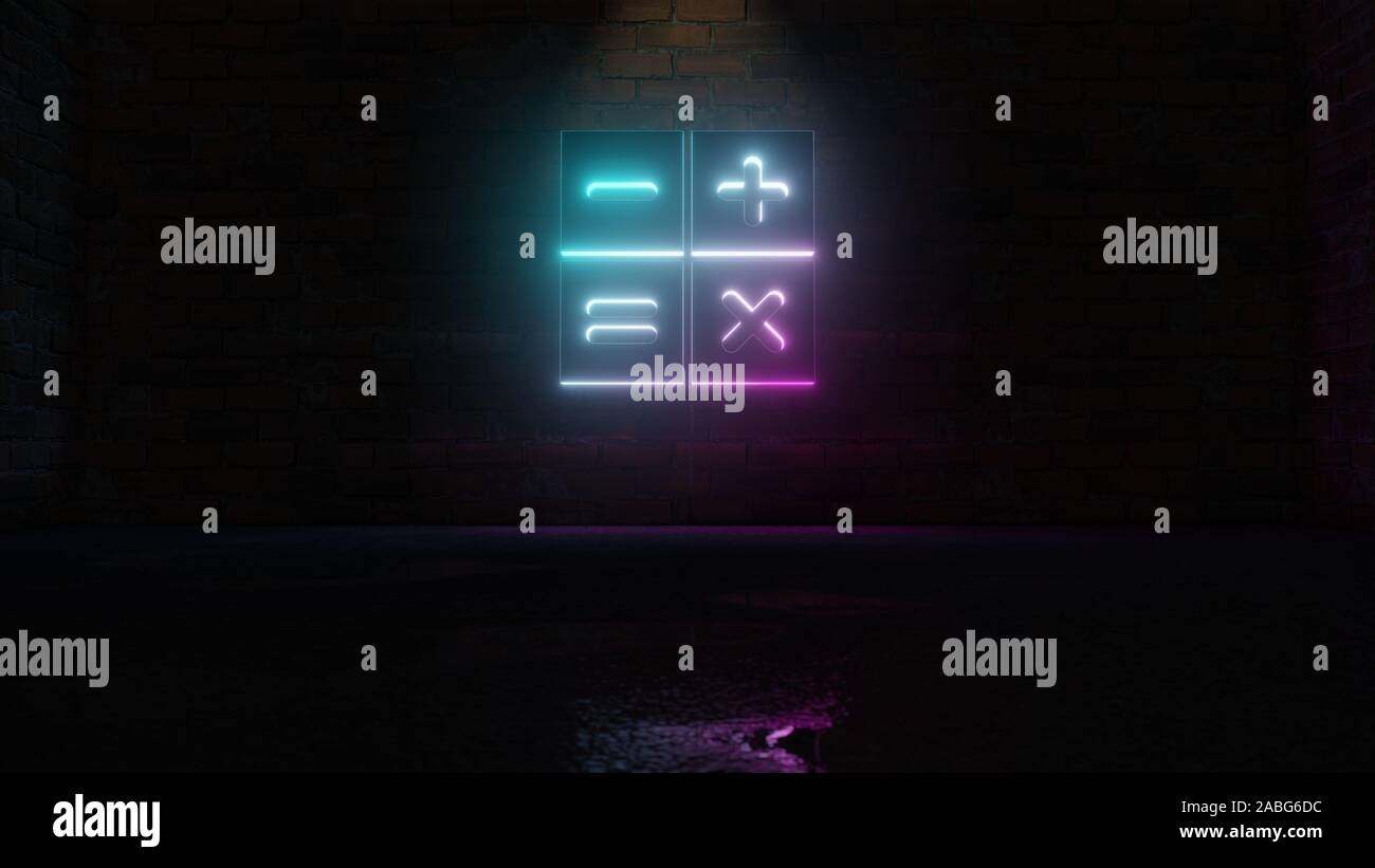 3D rendering of blue violet neon symbol of basic number operations of ...