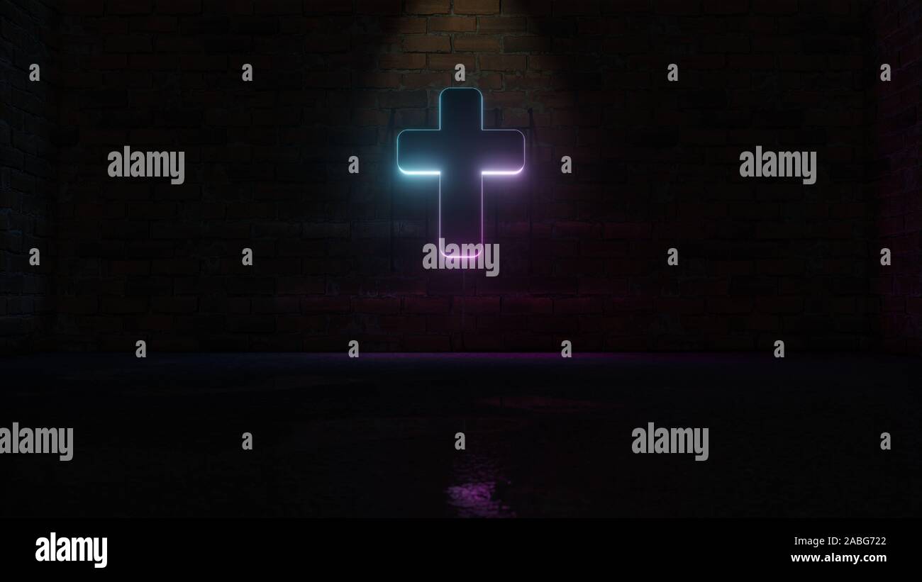3D rendering of blue violet neon symbol of catholic cross on dark brick ...