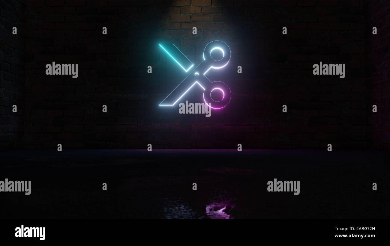 3D rendering of blue violet neon symbol of scissors on dark brick wall ...